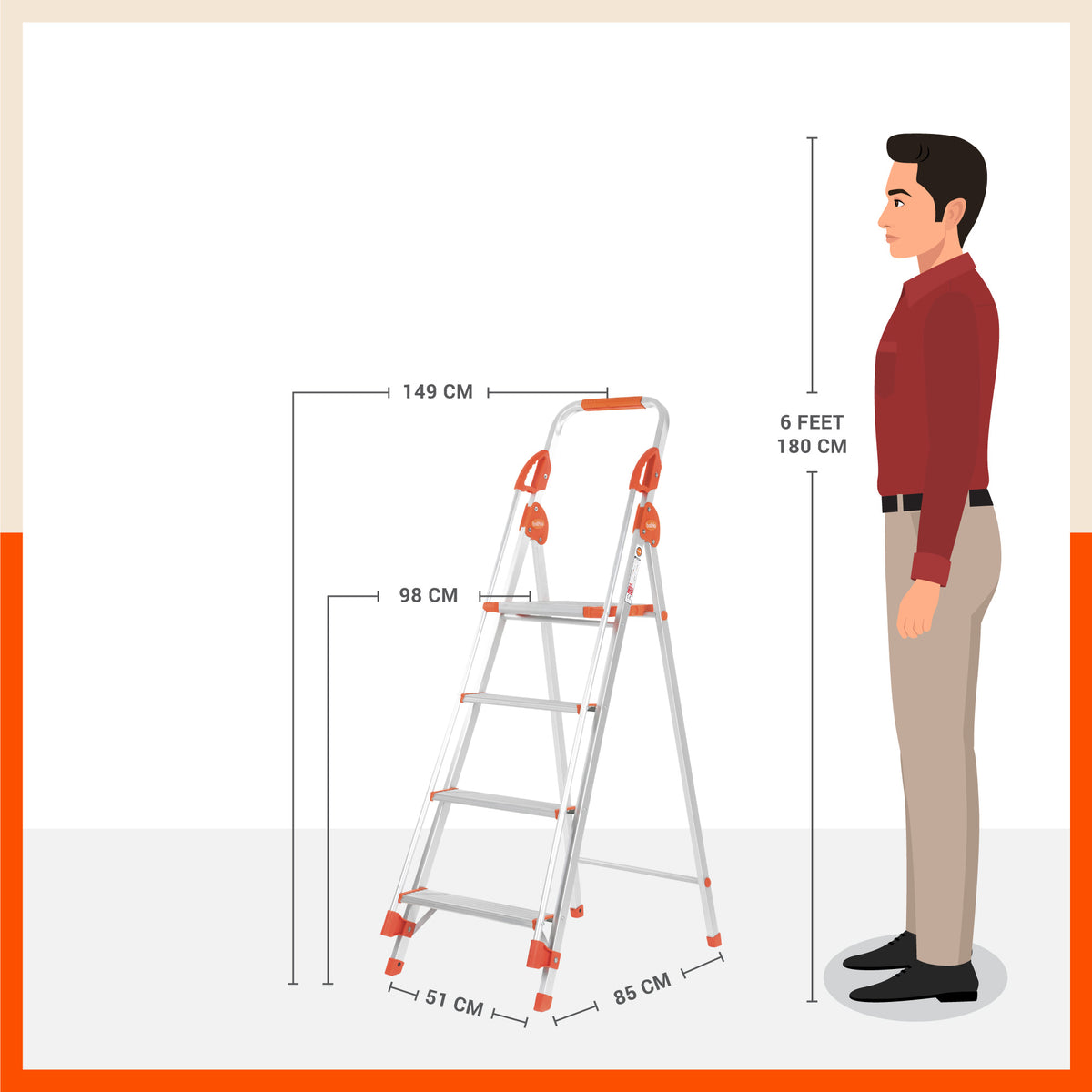 Bathla Zenith 4 Step Foldable Aluminium Ladder For Home Orange Bathla Zenith 4 Step Foldable Aluminium Ladder For Home Orange
