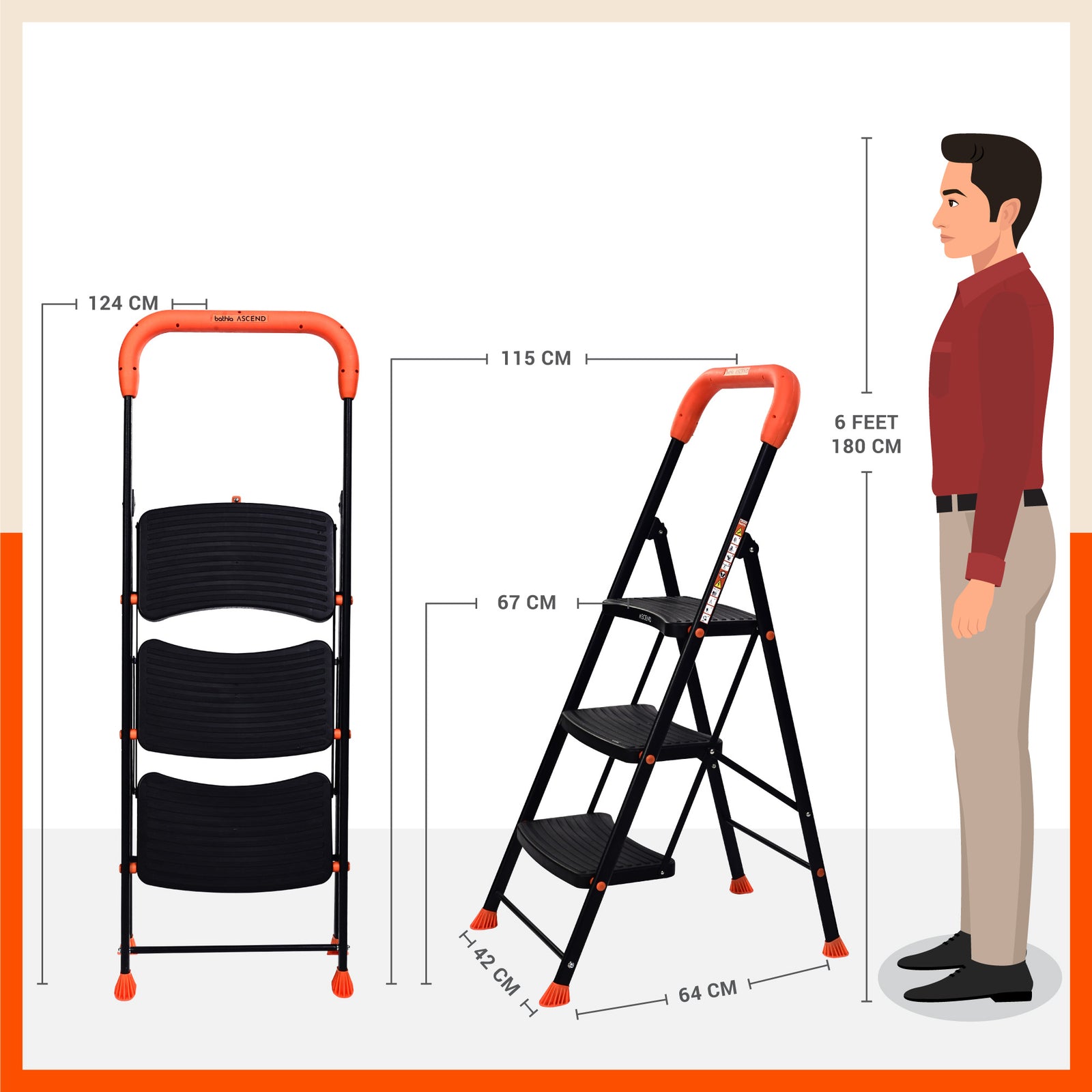 3 Step Heavy Duty Steel Ladder for Home – Bathla Home