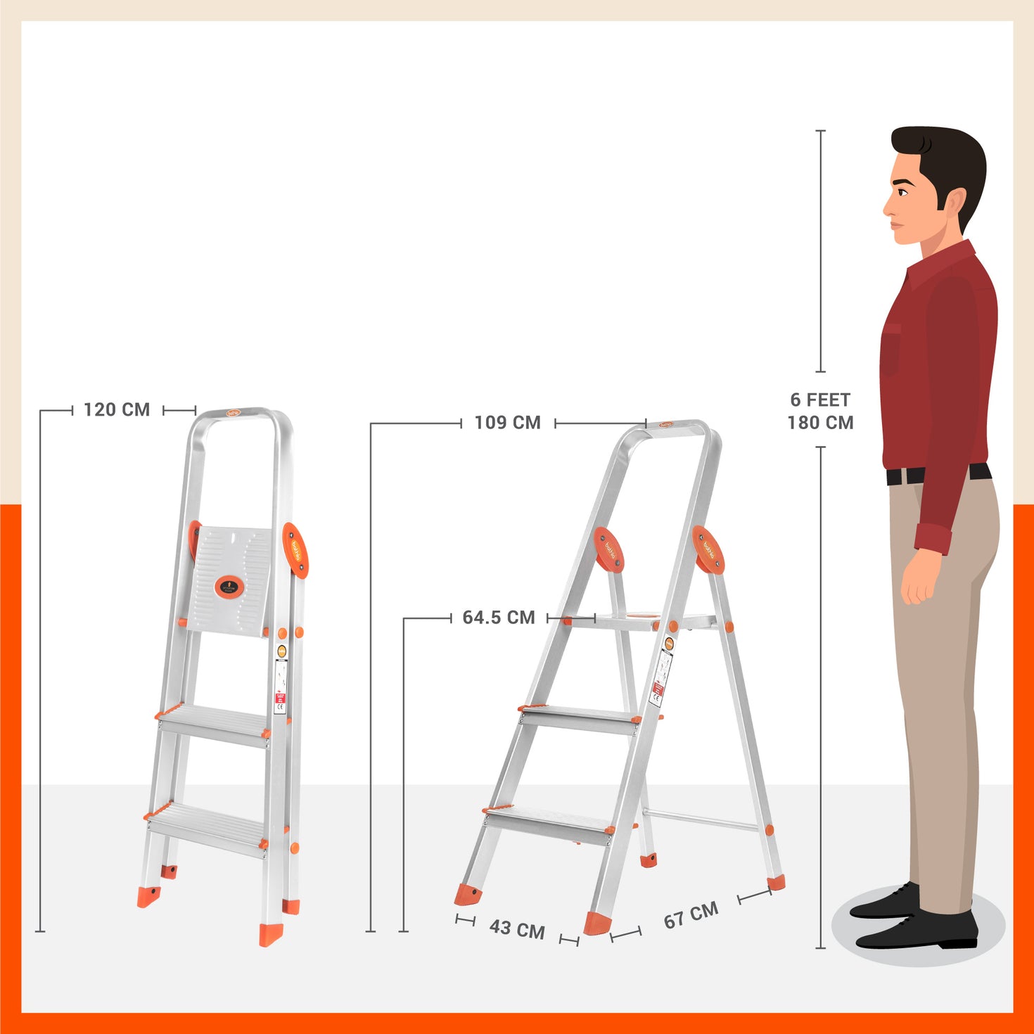 3-Step Foldable Aluminium Ladder For Home (Orange) – Bathla Home