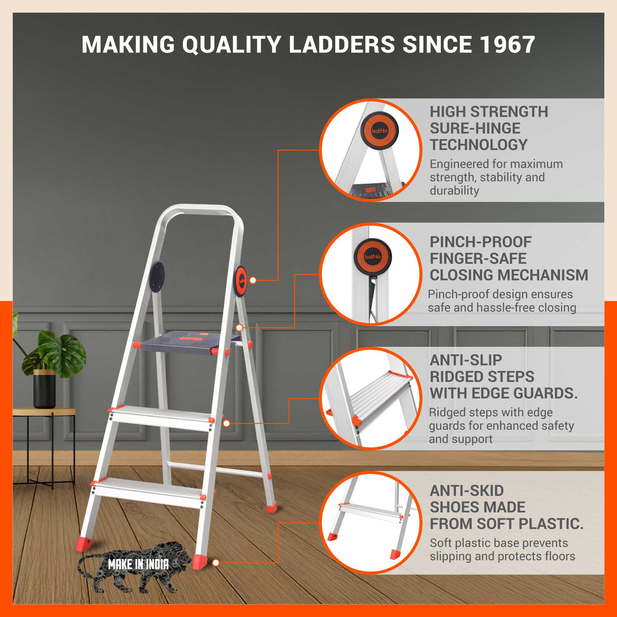 Bathla Advance Pro 3-Step Foldable Aluminium Ladder for Home | Heavy D ...