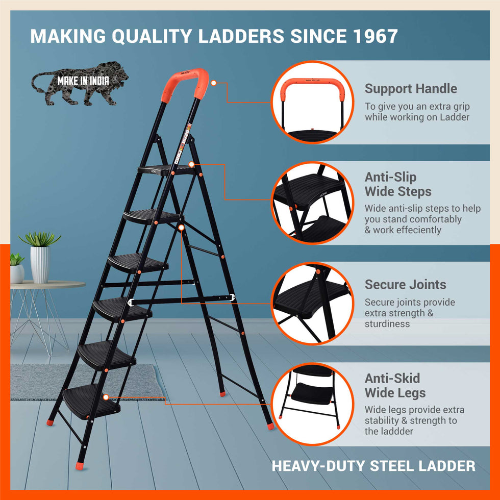 6 Step Heavy Duty Steel Ladder for Home – Bathla Home