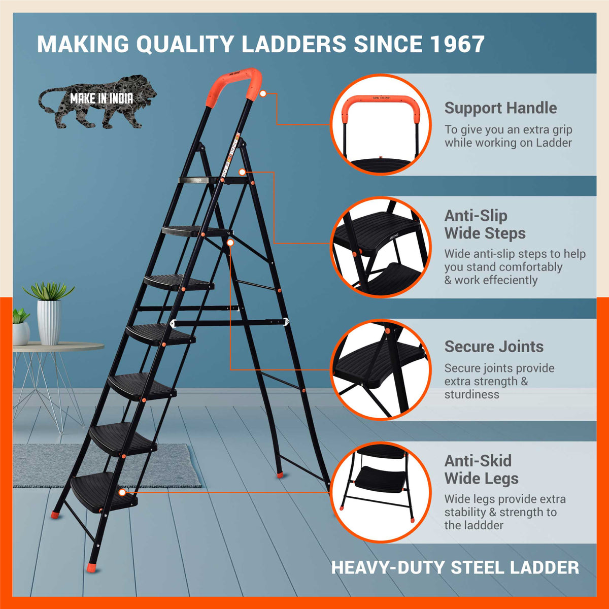 Bathla Ascend 7 Step Heavy Duty Steel Ladder for Home - Orange & Black ...