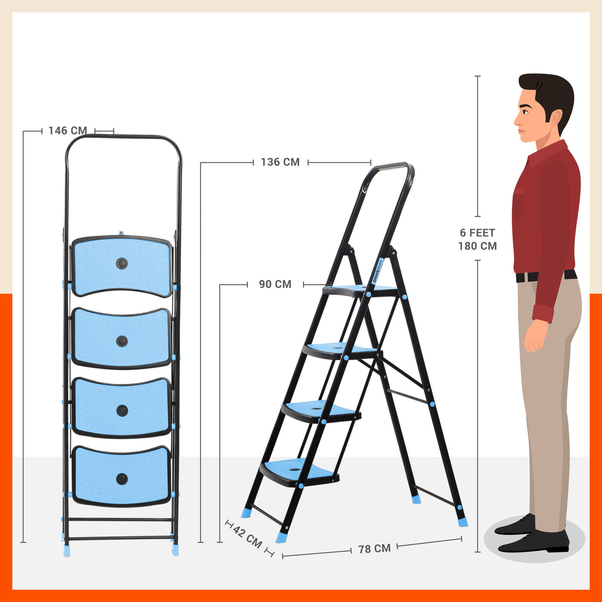 Bathla Boost Rhino 4 - Step Foldable Steel Ladder For Home (Black + Bl ...