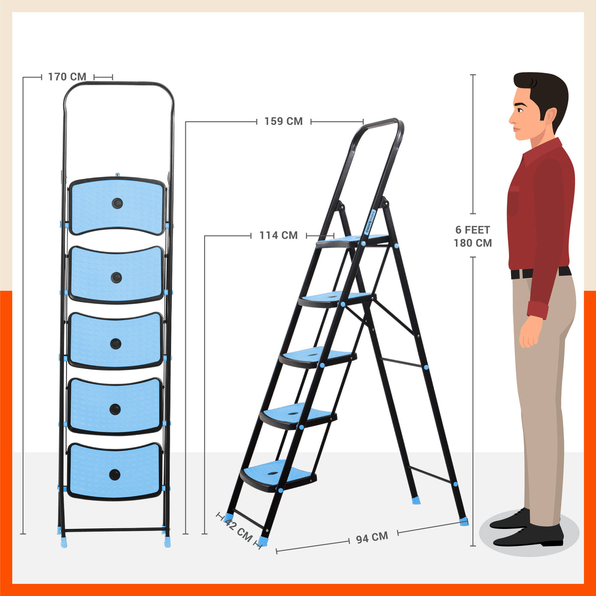 Bathla Boost Rhino 5 - Step Foldable Steel Ladder For Home (Black + Bl ...
