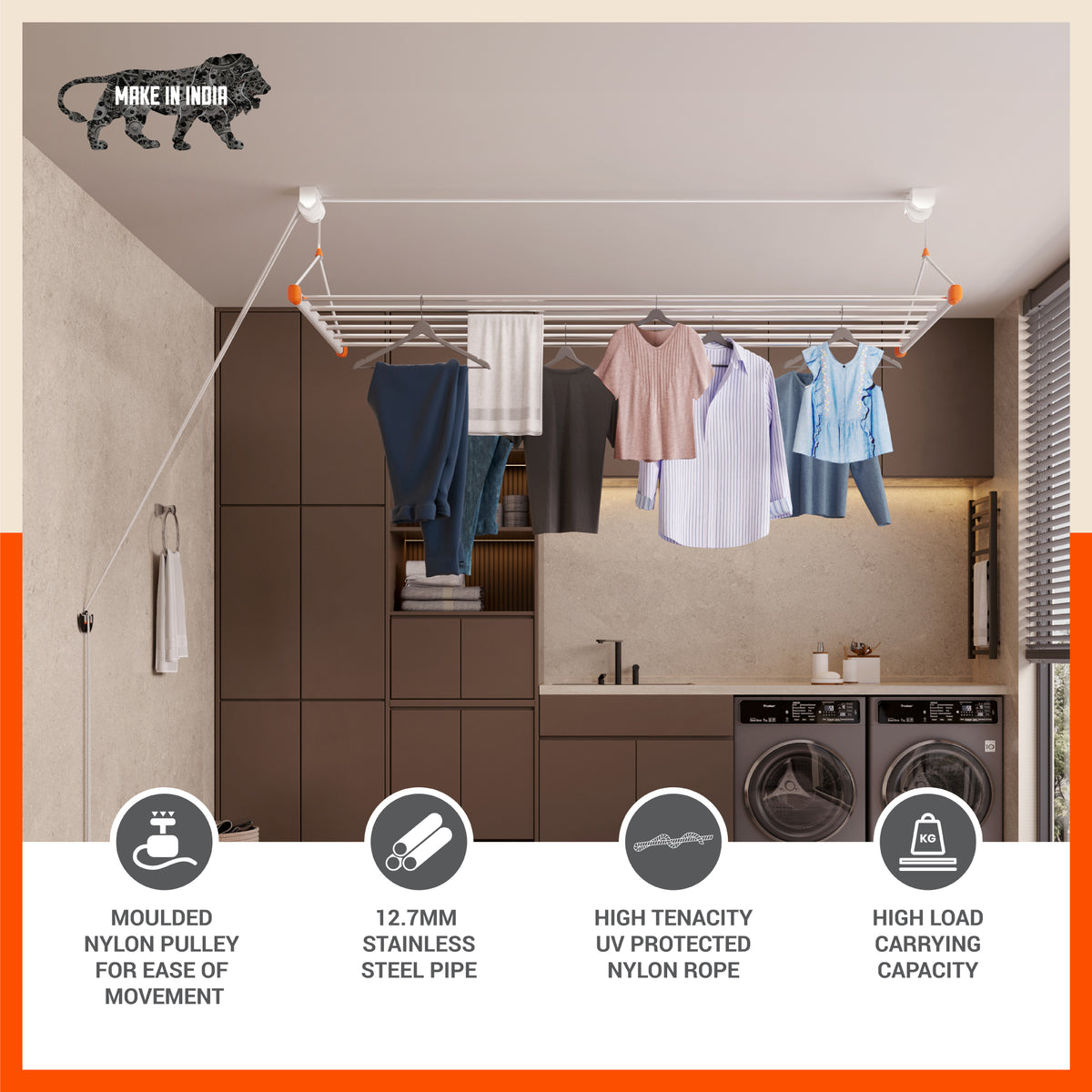 Bathla Mobidry LYFT Stainless Steel Ceiling Cloth Dryer - 8ft x 6 Pip ...