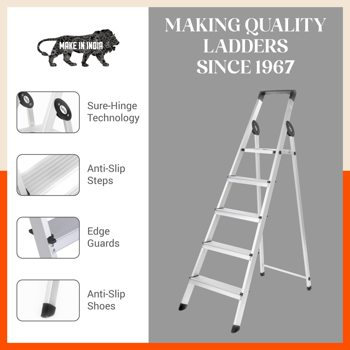 Bathla Prime 5-Step Foldable Aluminium Ladder for Home with Multi-Util ...