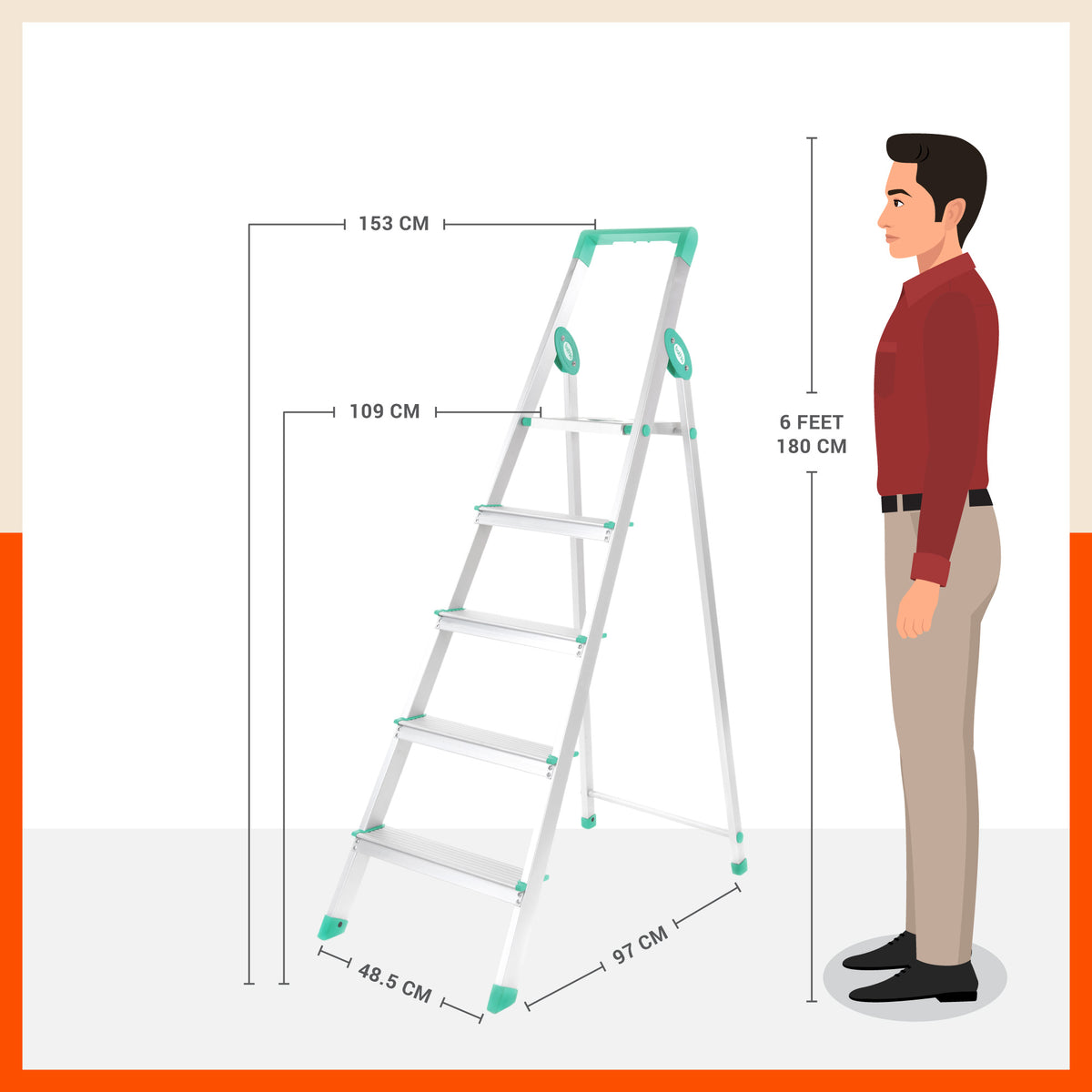 Bathla Prime 5-Step Foldable Aluminium Ladder for Home (Teal) – Bathla Home