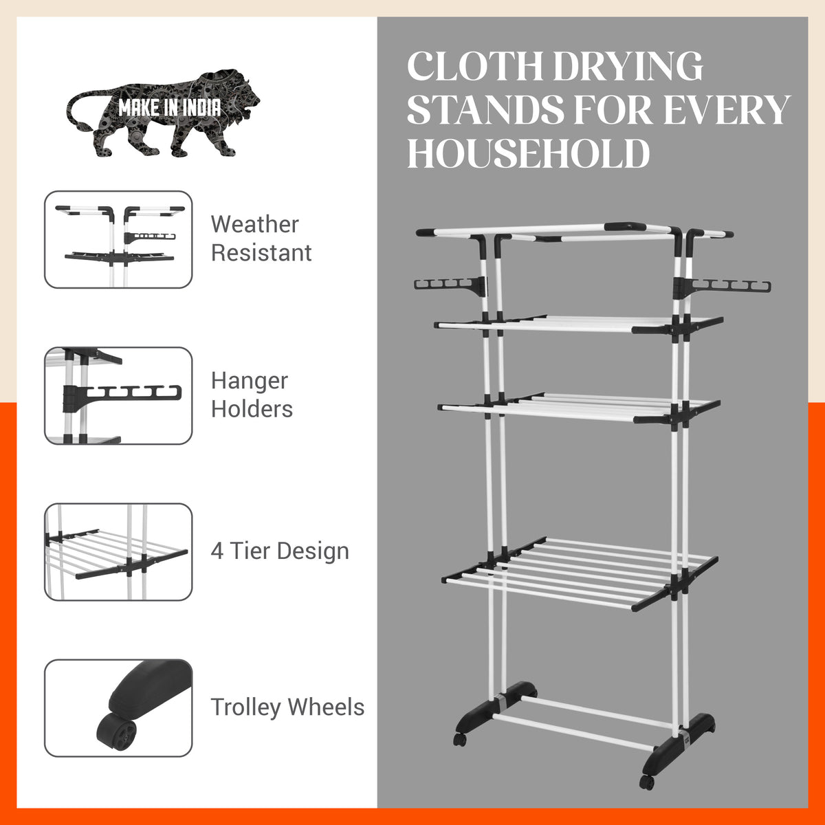 Mobidry Terra 4 Level Steel Modular Cloth Drying Stand (Black) – Bathla ...