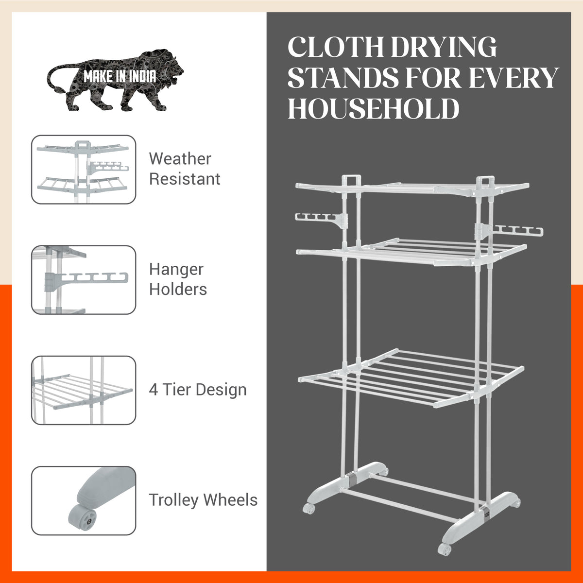 Bathla Mobidry Terra 3 Level Steel Modular Cloth Drying Stand For Home ...