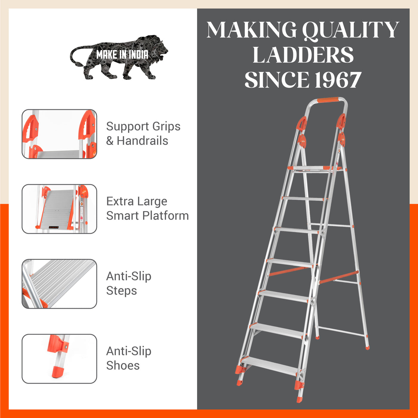 Bathla Zenith 7-Step Foldable Aluminium Ladder with Anti-Skid Safety F ...