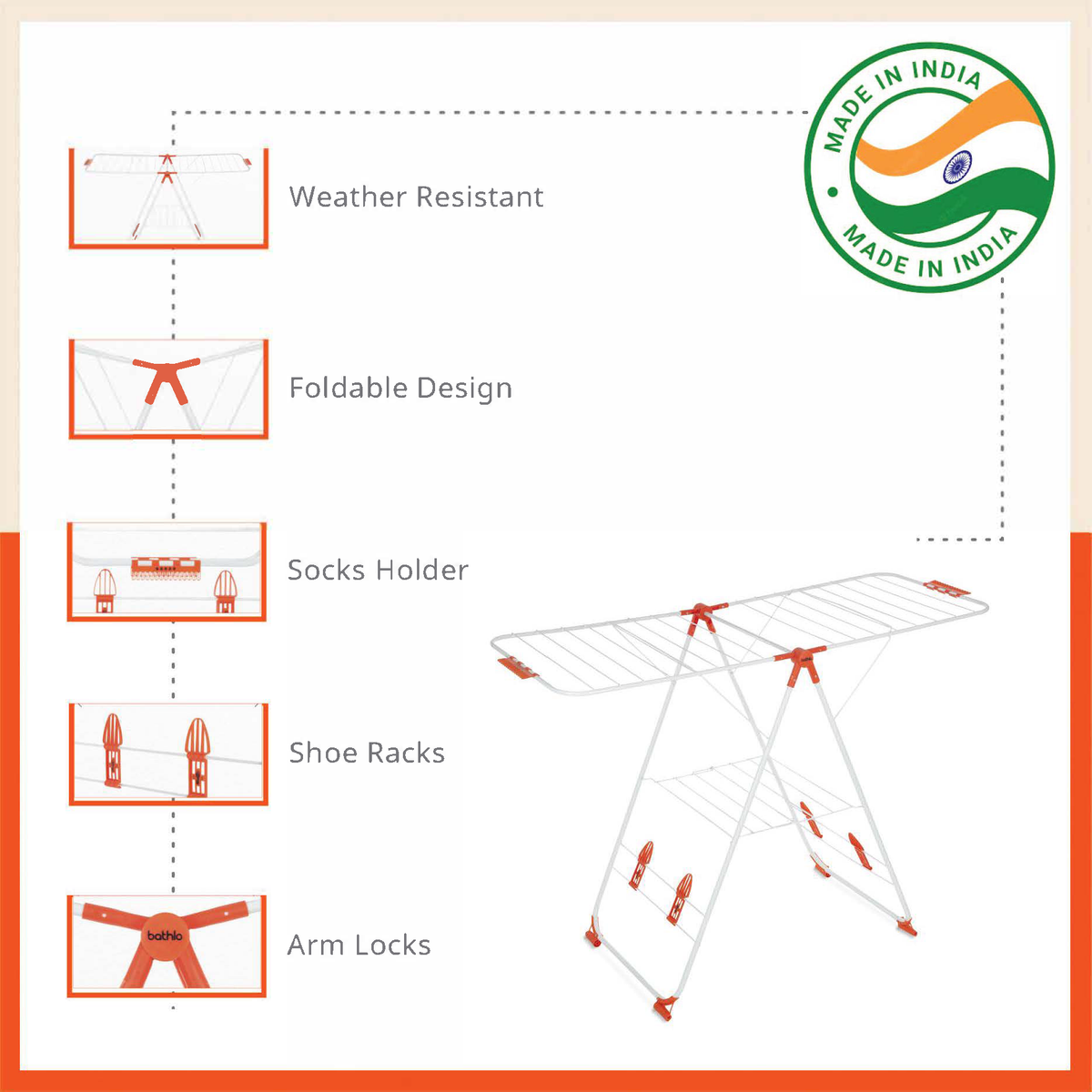Bathla Mobidry Neo - Foldable Cloth Drying Stand For Home (Orange ...